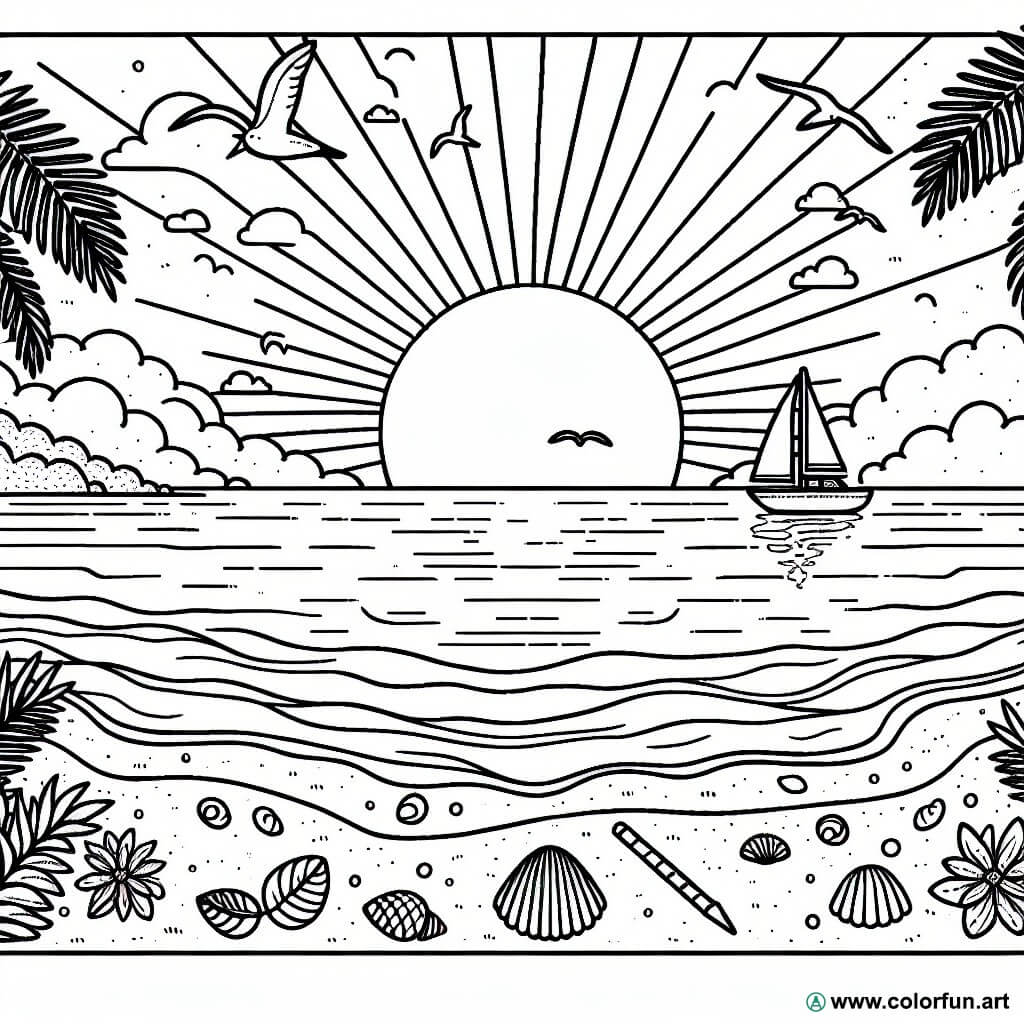 Dibujo para colorear de la puesta de sol sobre el mar. Descargar o ...