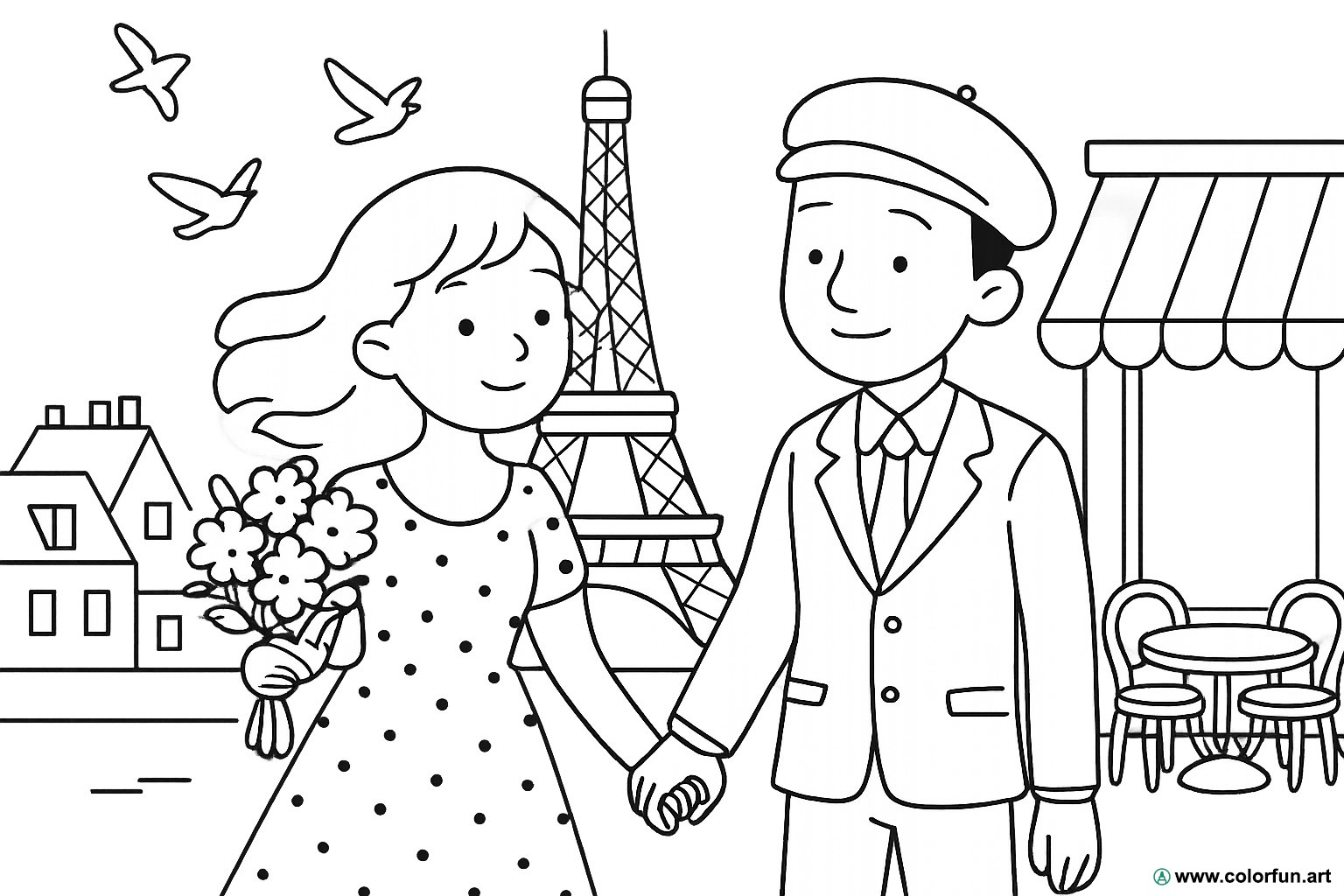 Dibujo para colorear de una pareja enamorada en París. Descargar o ...