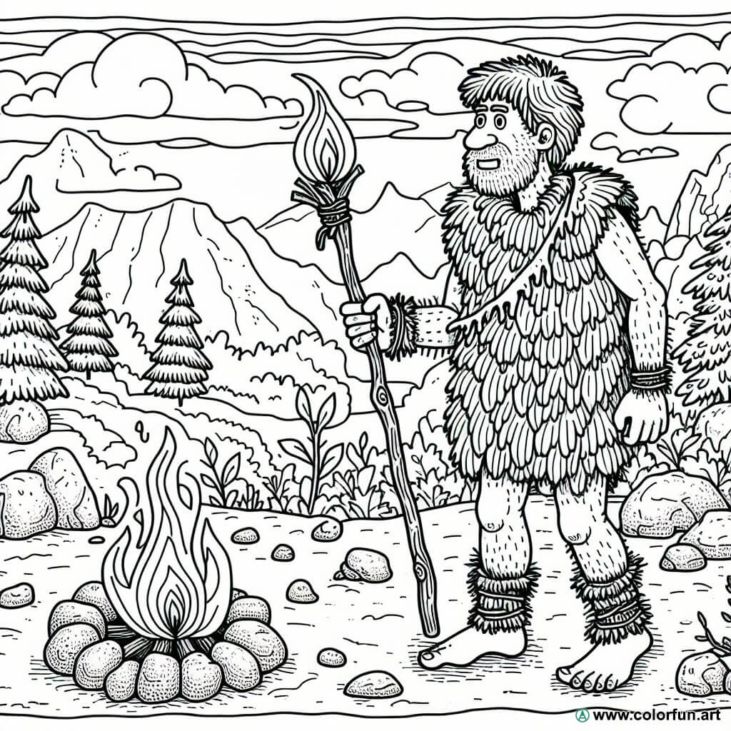 Dibujo para colorear de hombre prehistórico con fuego Descargar o ...